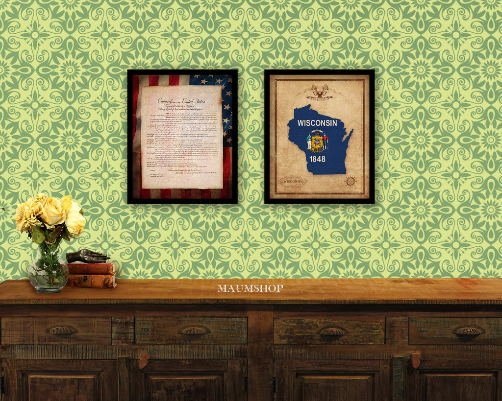 Wisconsin State Vintage Map Black Wood Framed Wall Art Prints ...