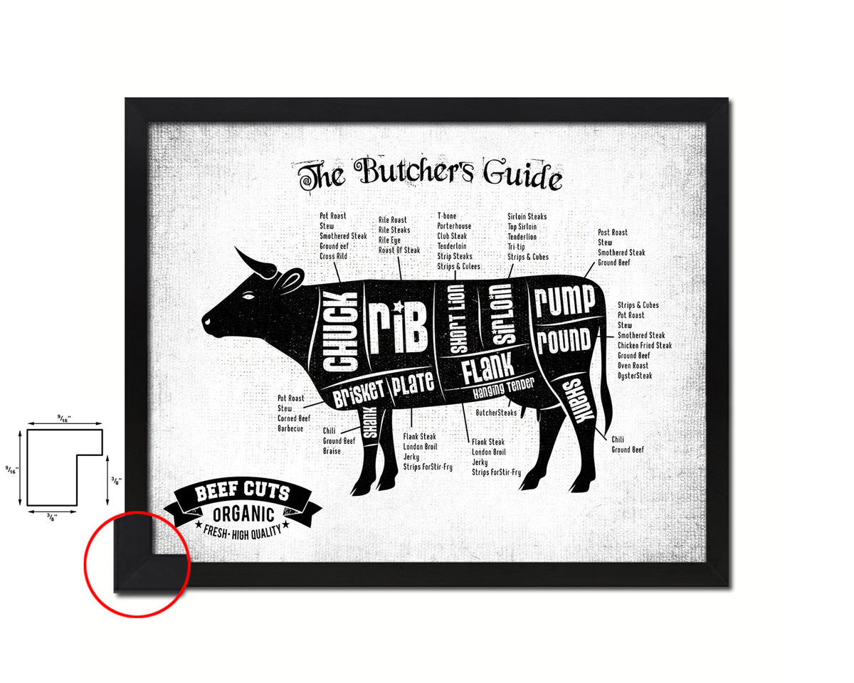Beef Meat Cow Cuts Butchers Chart Framed Wall Decor Art Prints ...